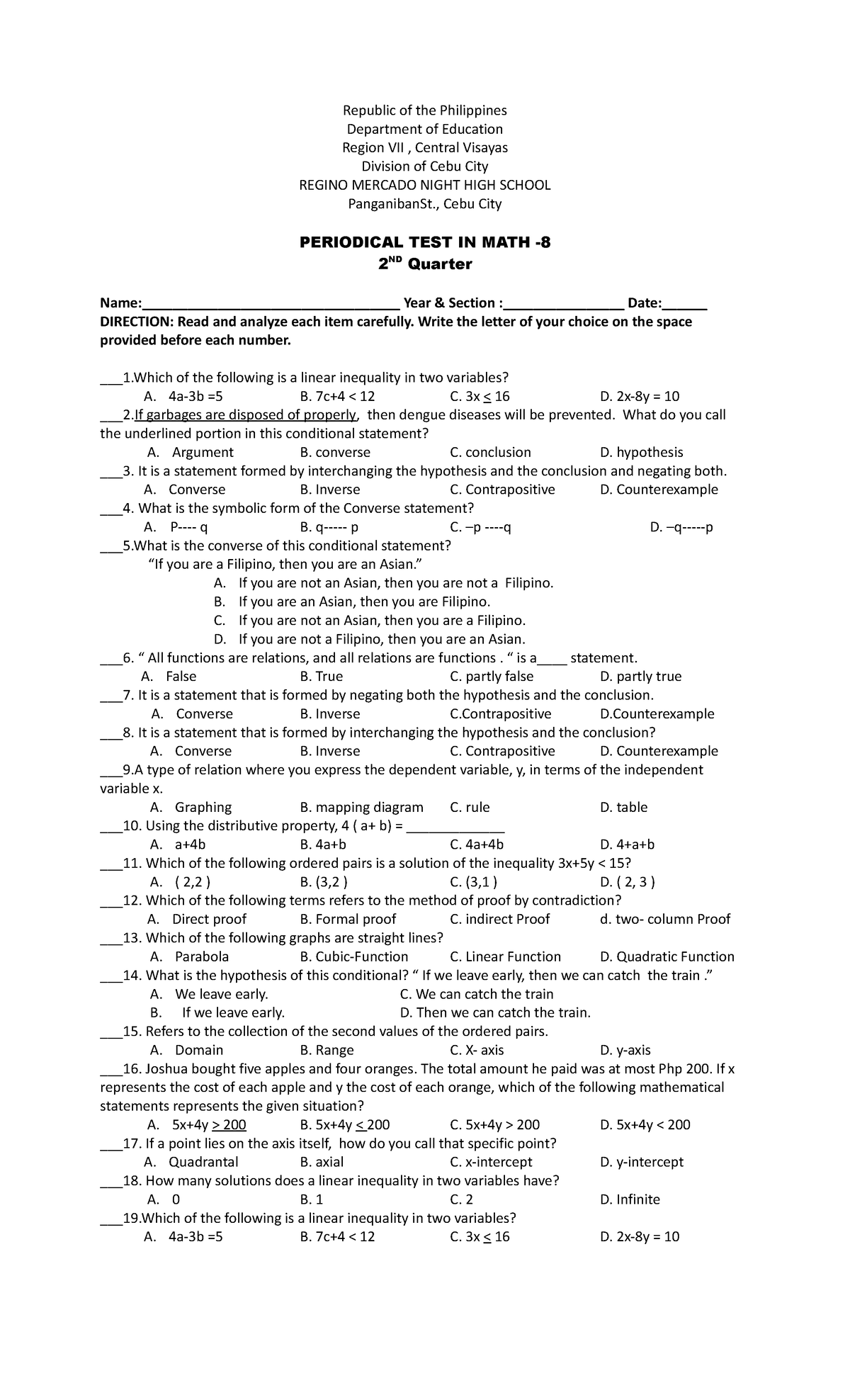 Periodical TEST IN MATH 8 - 2ND Quarter - Republic of the Philippines ...