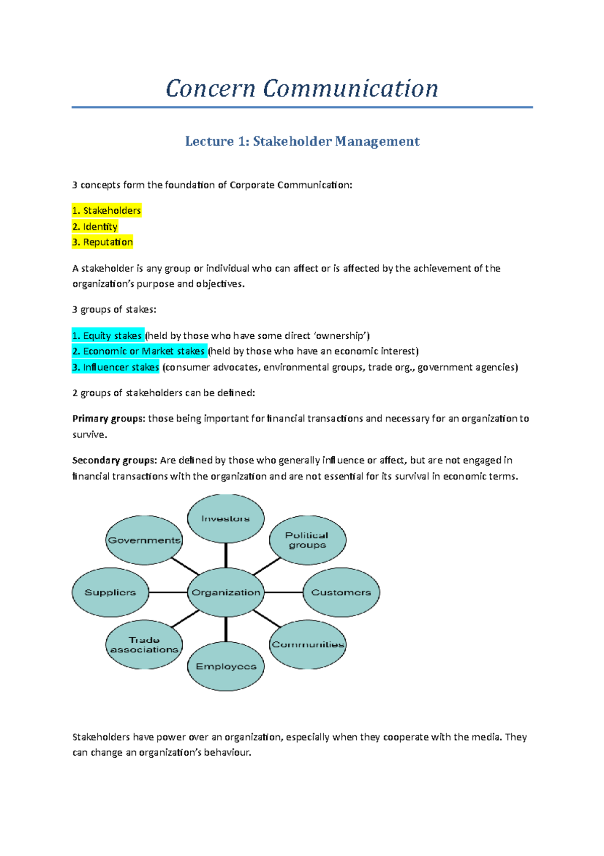 Summary - short summary - Concern Communication Lecture 1: Stakeholder ...