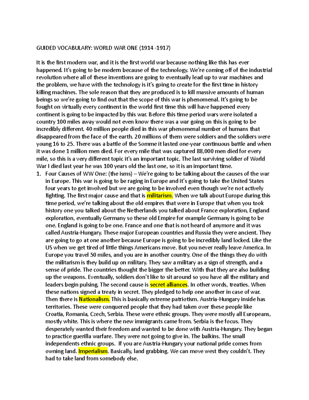 Guided Vocabulary ww one - GUIDED VOCABULARY: WORLD WAR ONE (1914 -1917 ...