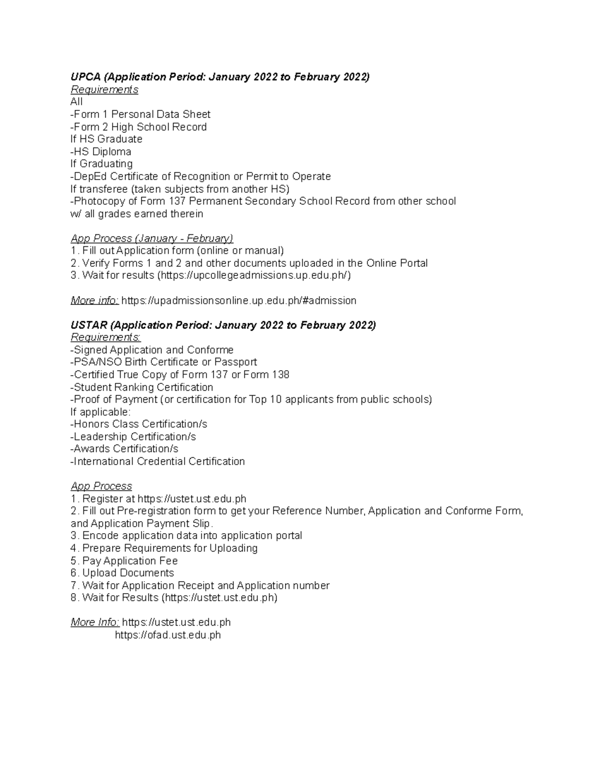 College Applications guidelines - UPCA (Application Period: January ...