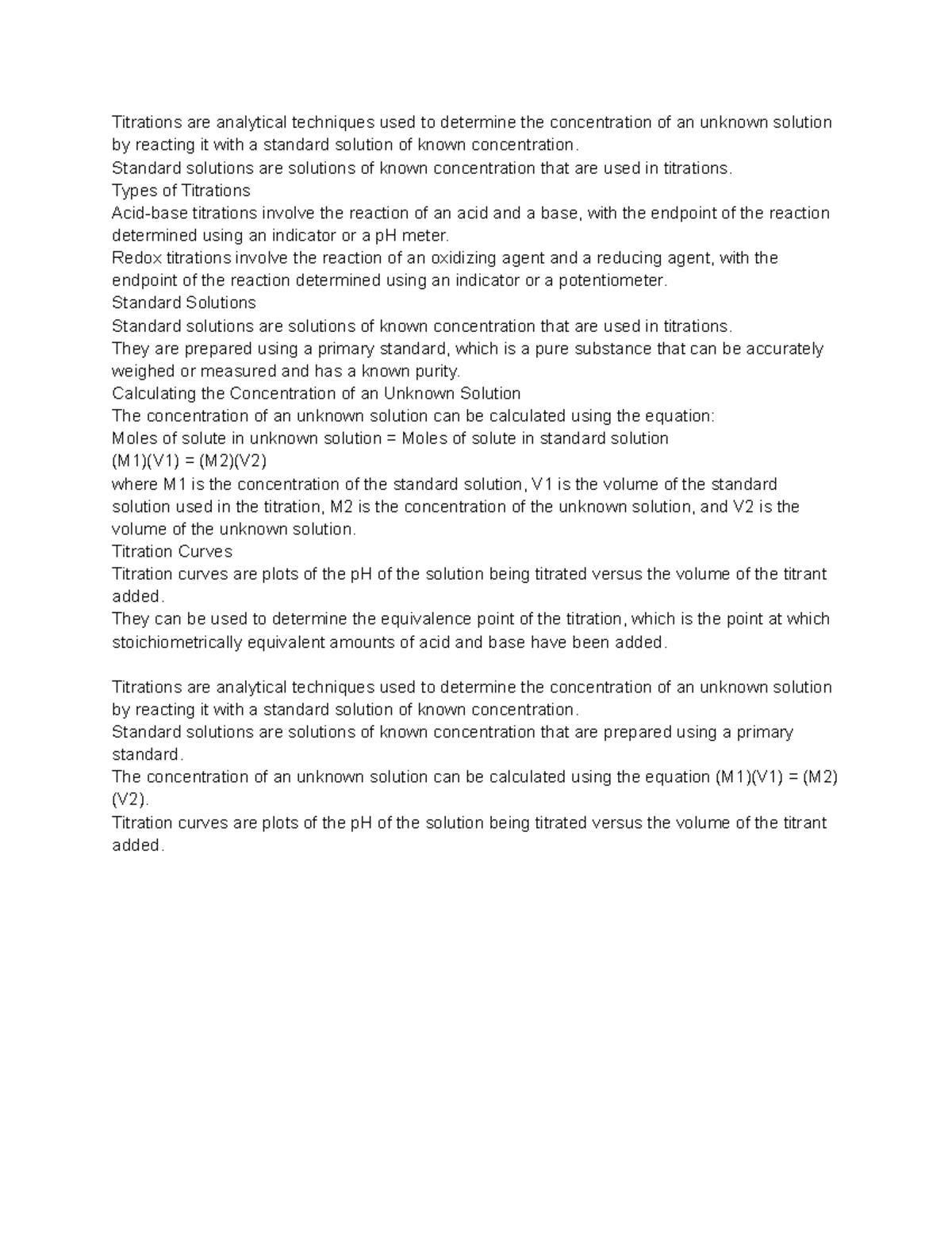Titrations and Standard Solutions Notes - Titrations are analytical ...