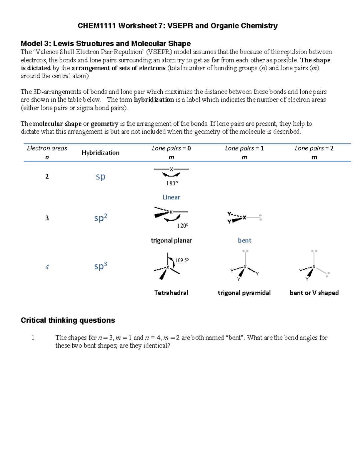 Chem1111Tutorial 07 - tut sheet - CHEM1111 Worksheet 7: VSEPR and ...