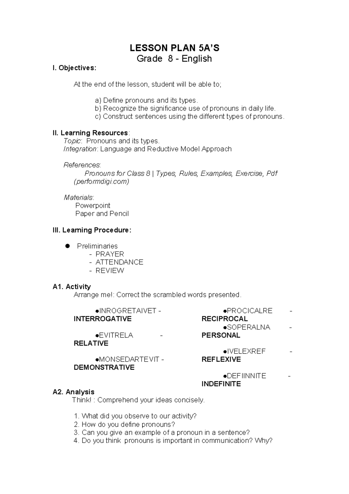 ELT LP-5A's - LESSON PLAN 5A’S Grade 8 - English I. Objectives: At the ...