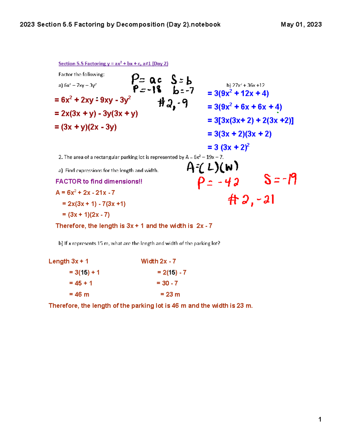 Math - notes - 2023 Section 5 Factoring by Decomposition (Day 2 ...
