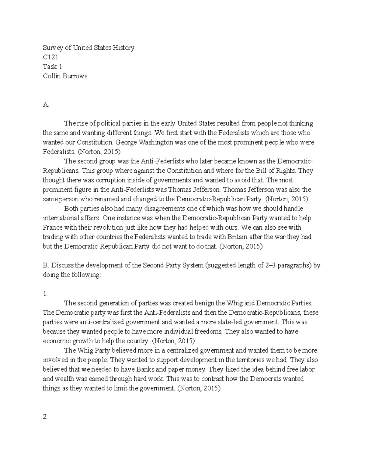 Survey OF United States History C121 PRFA Task 2 - Survey of United ...