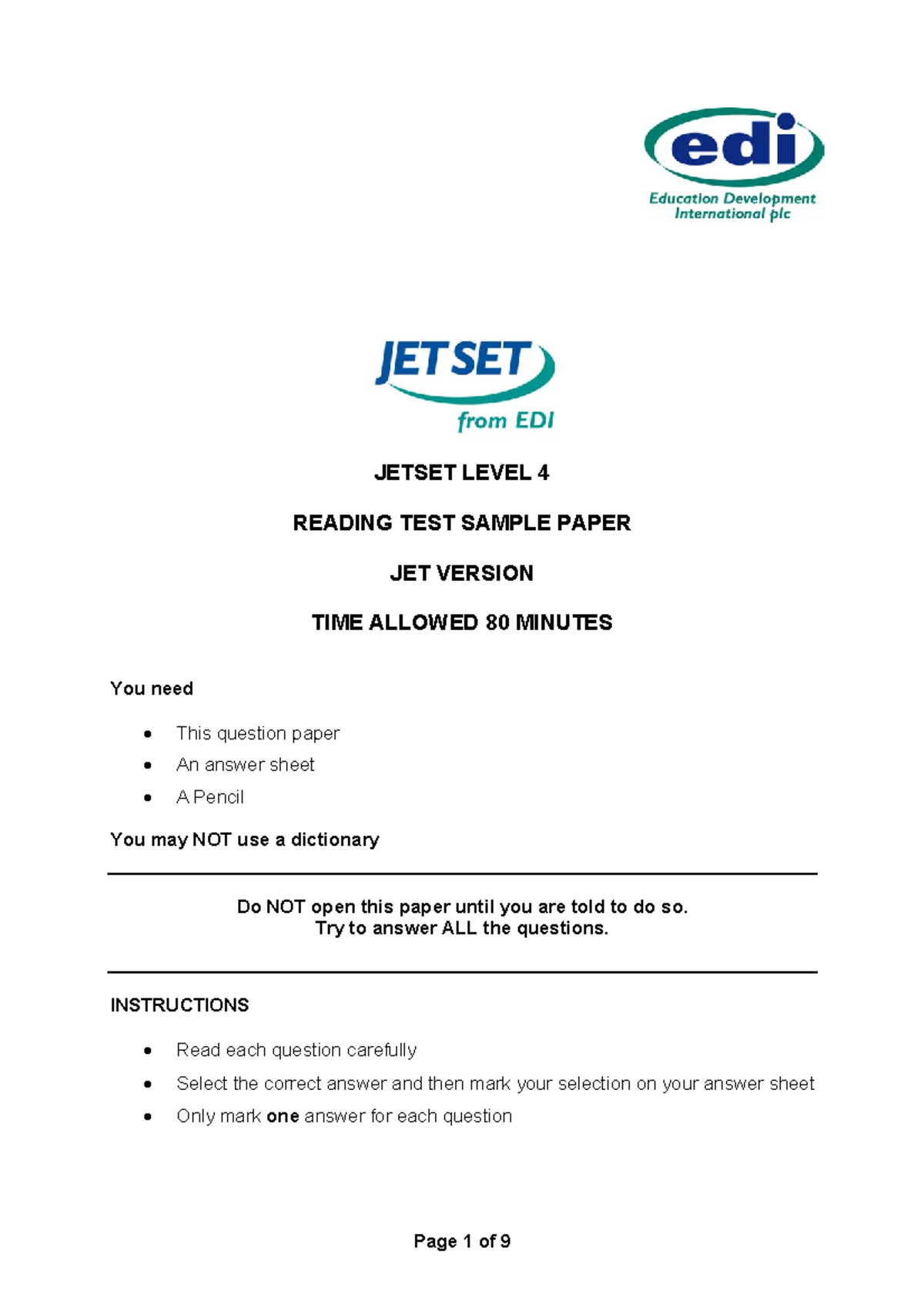Reading Sample - Test inglese B1 - JETSET LEVEL 4 READING TEST SAMPLE ...