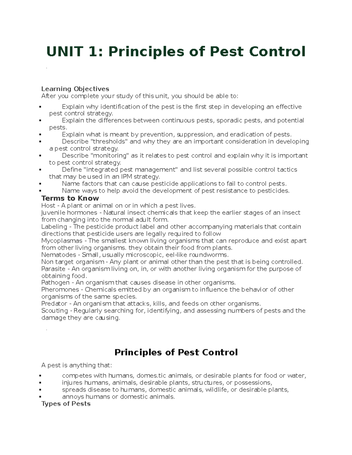 Module IN PEST - UNIT 1: Principles of Pest Control Learning Objectives ...