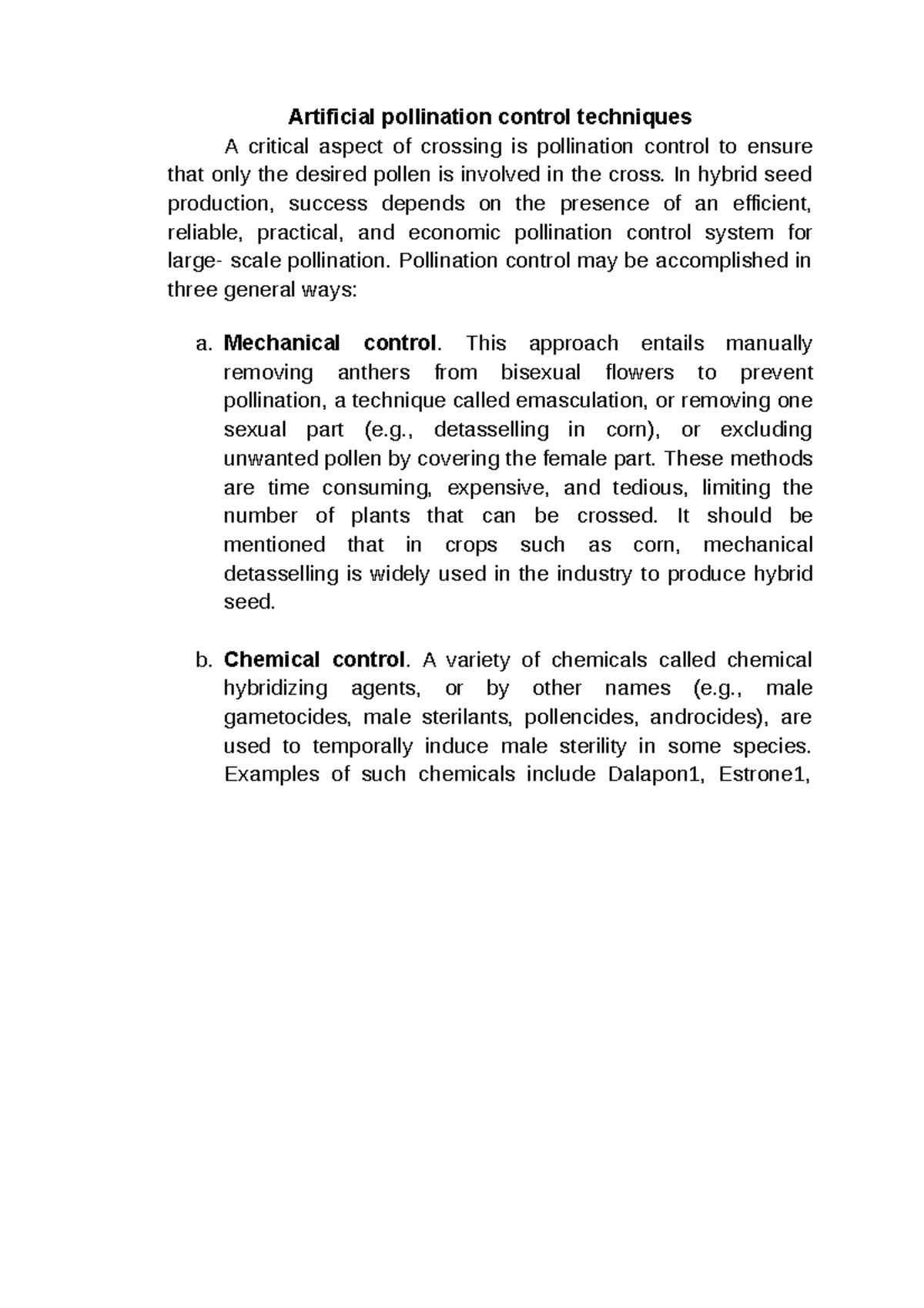 Artificial Pollination Control Techniques In Hybrid Seed Production