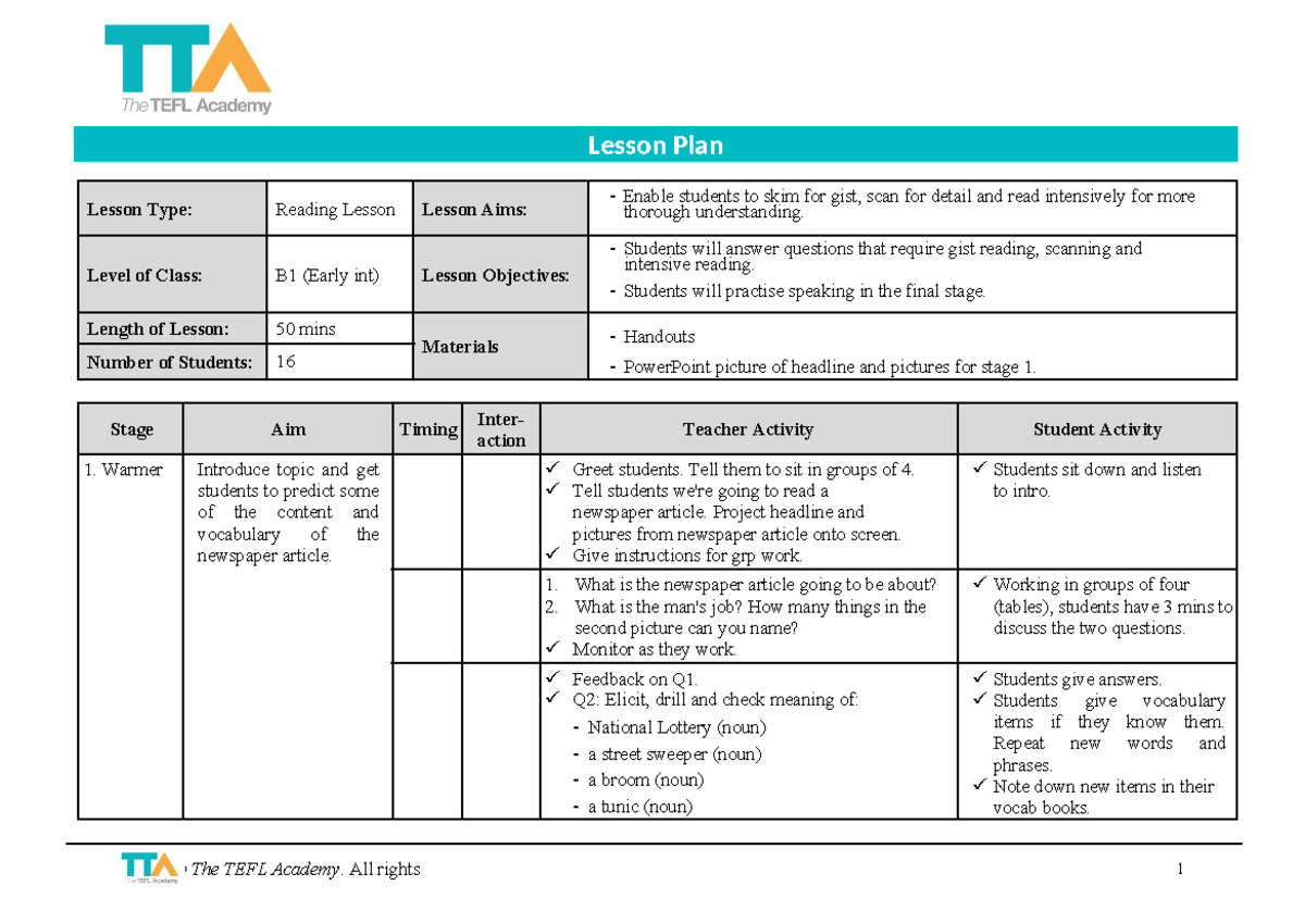 Unit 5 Lesson plan - timings and interactions - Lesson Plan © 2020 The ...