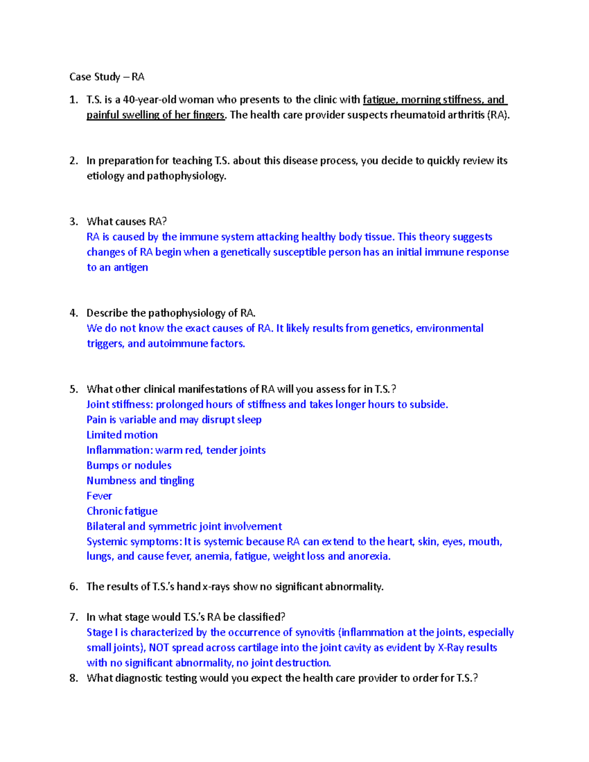 Case Study Rheumatoid Arthritis - Case Study – RA T. is a 40-year-old ...