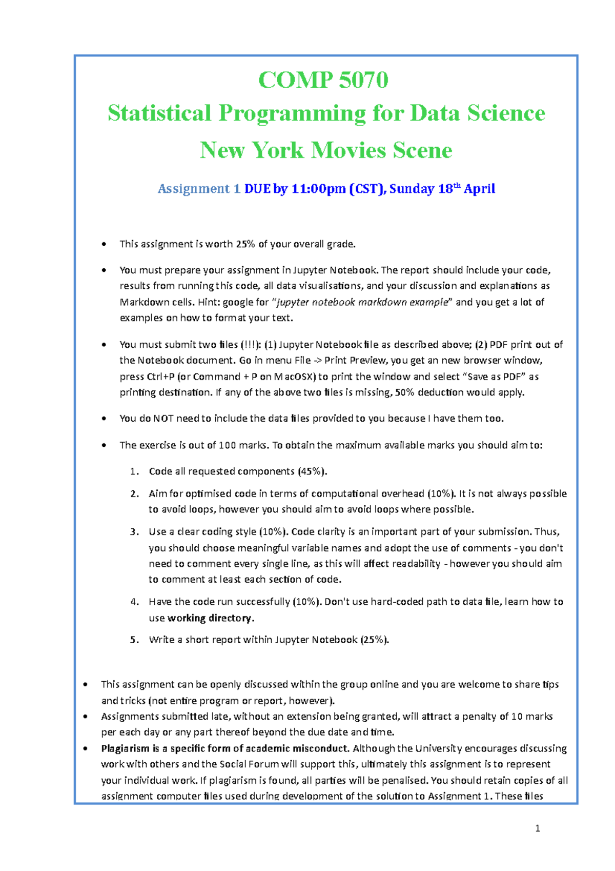 COMP 5070 Assignment 1 SP2 2021 - COMP 5070 Statistical Programming for ...