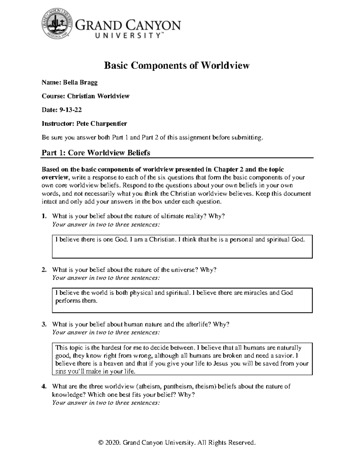 Topic 1 Basic Components of Worldview - © 2020. Grand Canyon University ...