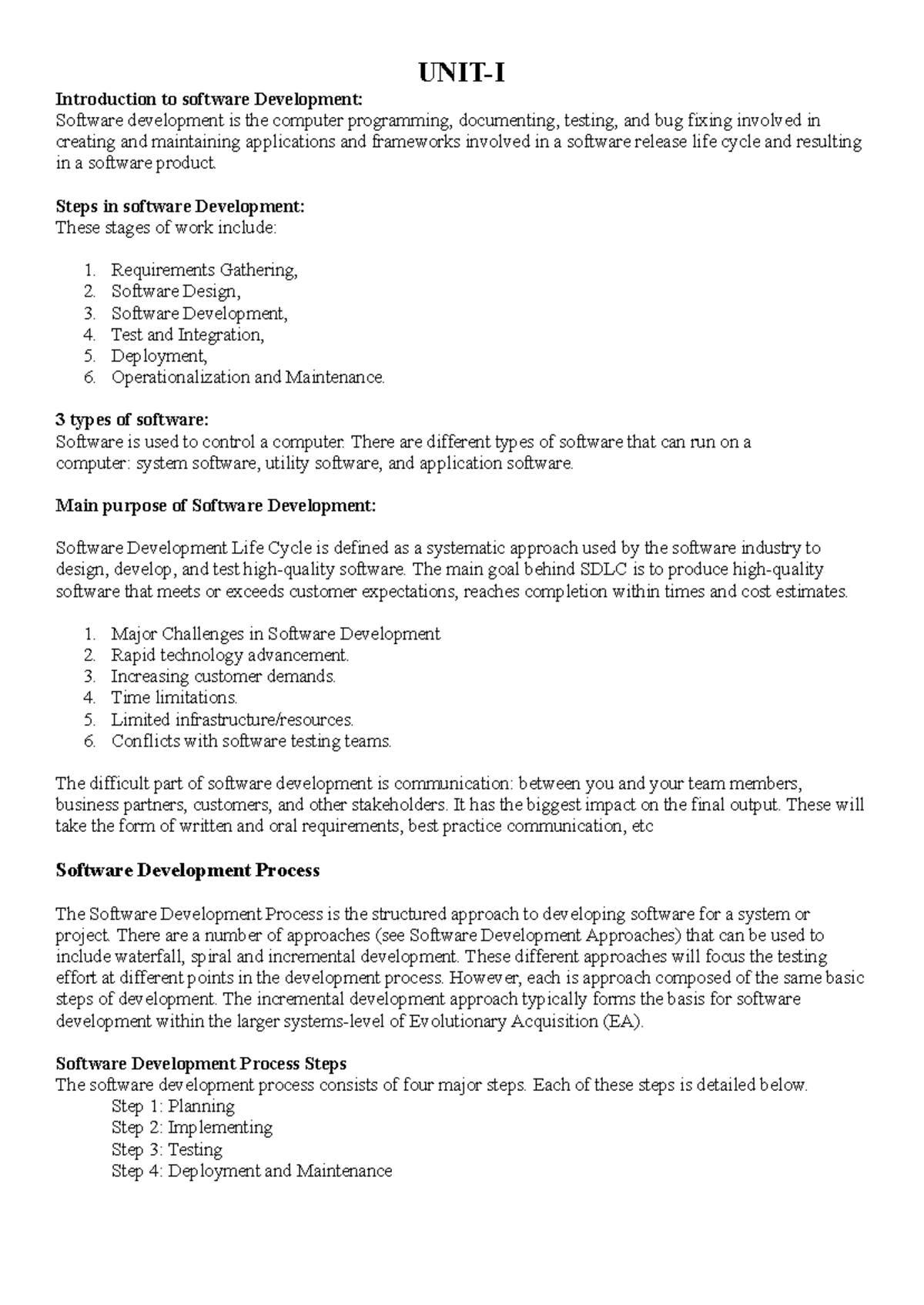 UNIT-1 OOSE - Summary Masters computer application - UNIT-I Introduction to software Development ...