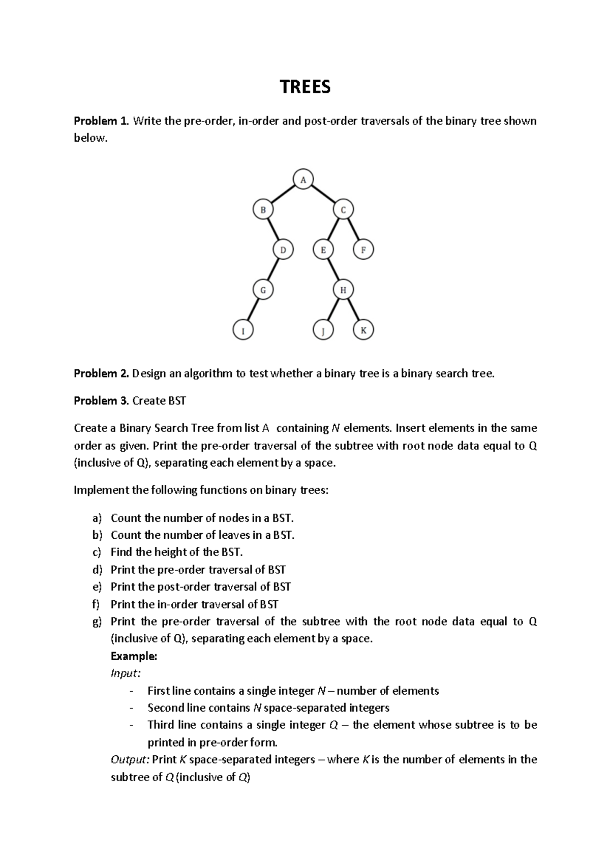 Assignment 07 - Trees - abc - TREES Problem 1. Write the pre-order, in-order and post-order ...