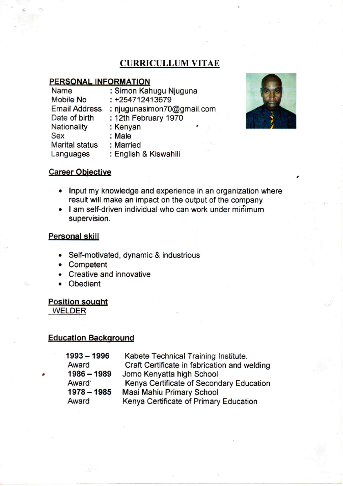 Simon cv - curriculum vitae - CURRICULLUM VITAE PERSONAL INFORMATION ...
