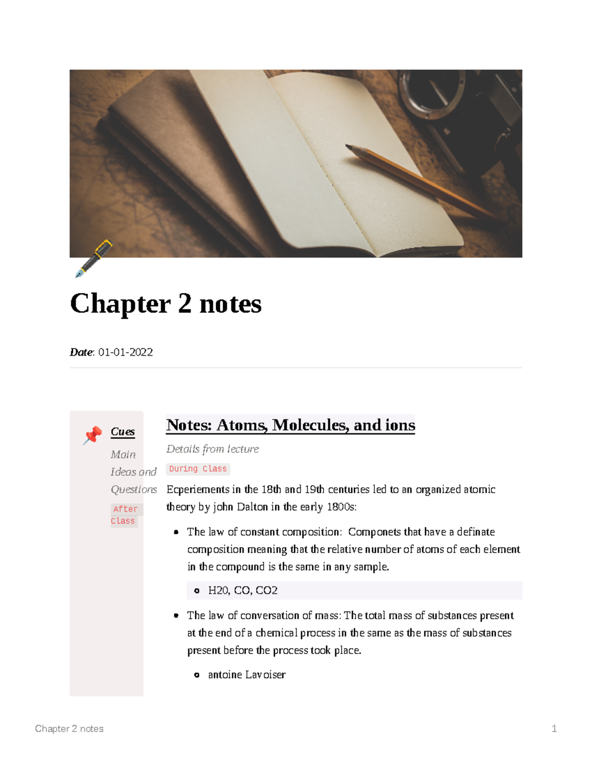 Chapter 2 CHEM Notes - Chapter 2 notes 1 V Chapter 2 notes Date: 01-01 ...