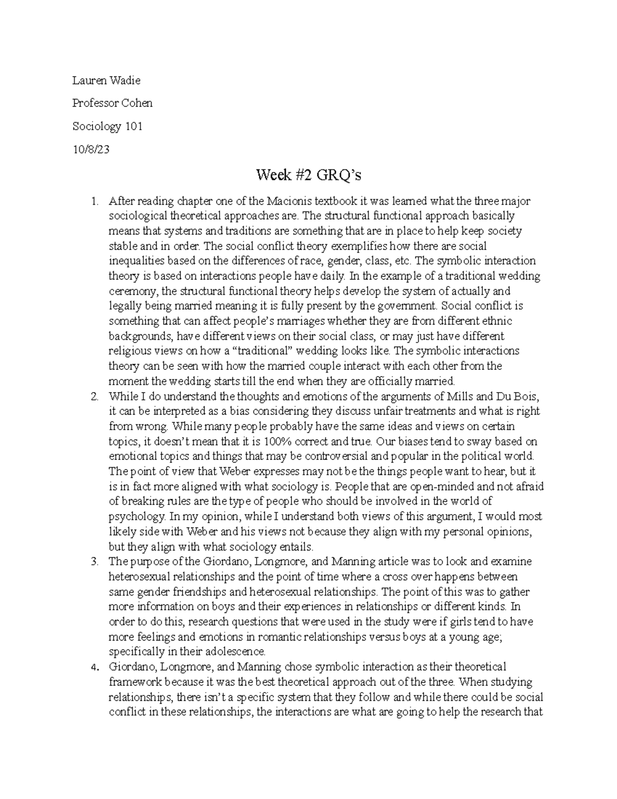 Week 2 GRQ SOC 101 - weekly assignment - Lauren Wadie Professor Cohen ...