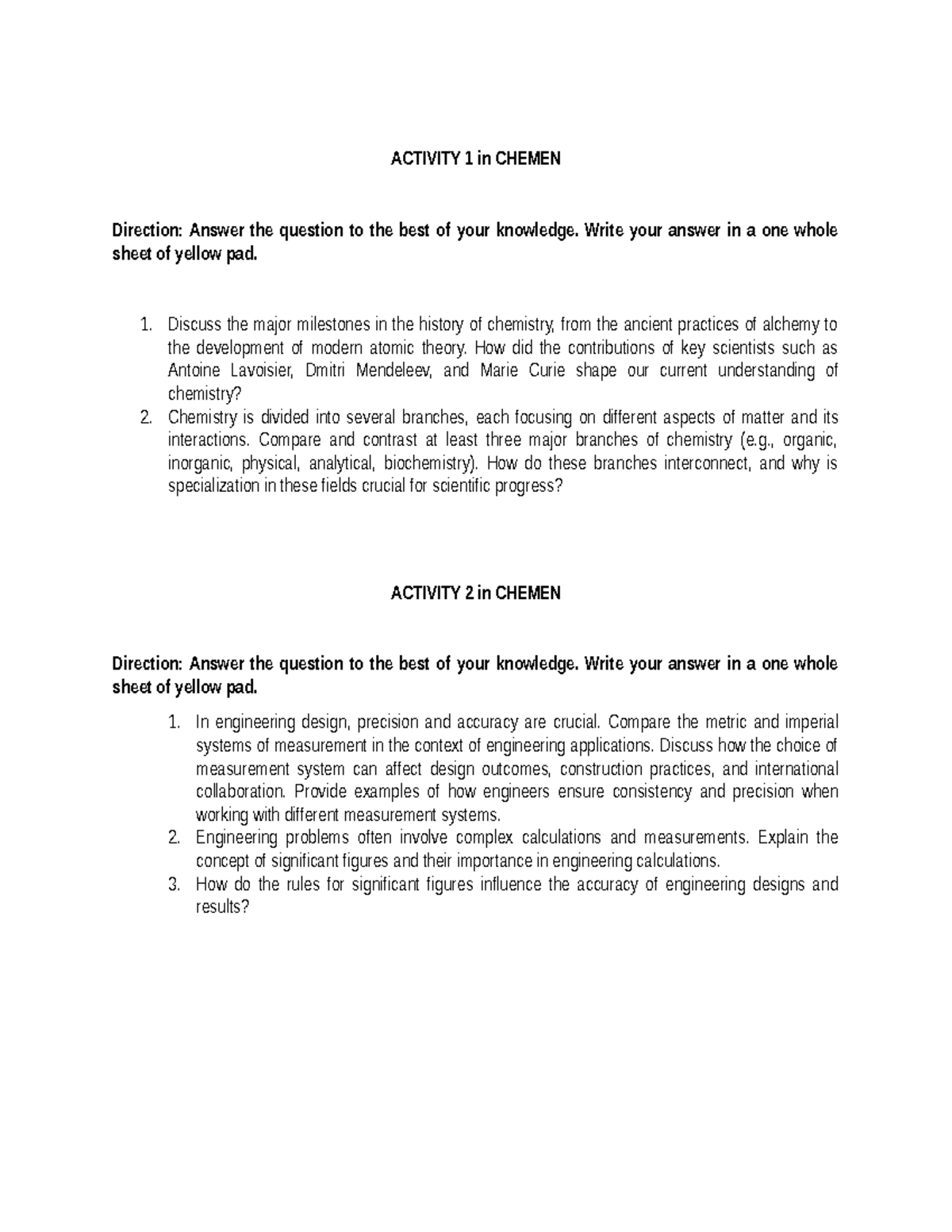 Activity 1 in Chemen - notes - ACTIVITY 1 in CHEMEN Direction: Answer ...