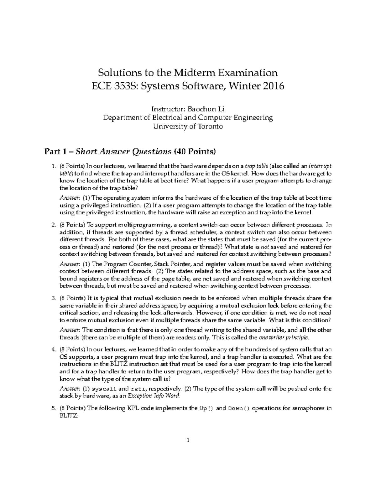 ECE353H1 2016 1 6215558860842016-Midterm-Solutions - Solutions to the Midterm Examination ECE ...