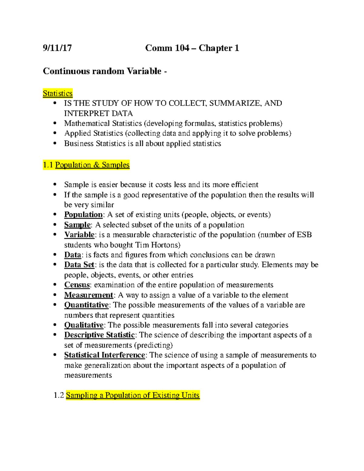 Comm 104 lecture notes - 9/11/17 Comm 104 – Chapter 1 Continuous random ...