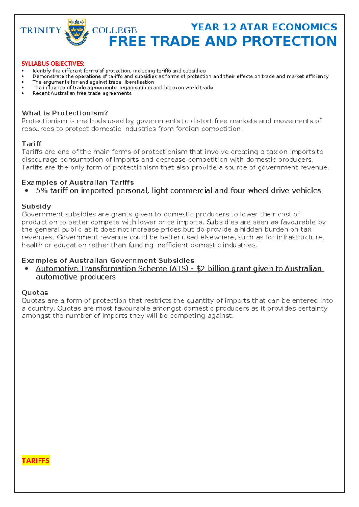 FREE Trade AND Protection Booklet - YEAR 12 ATAR ECONOMICS FREE TRADE ...