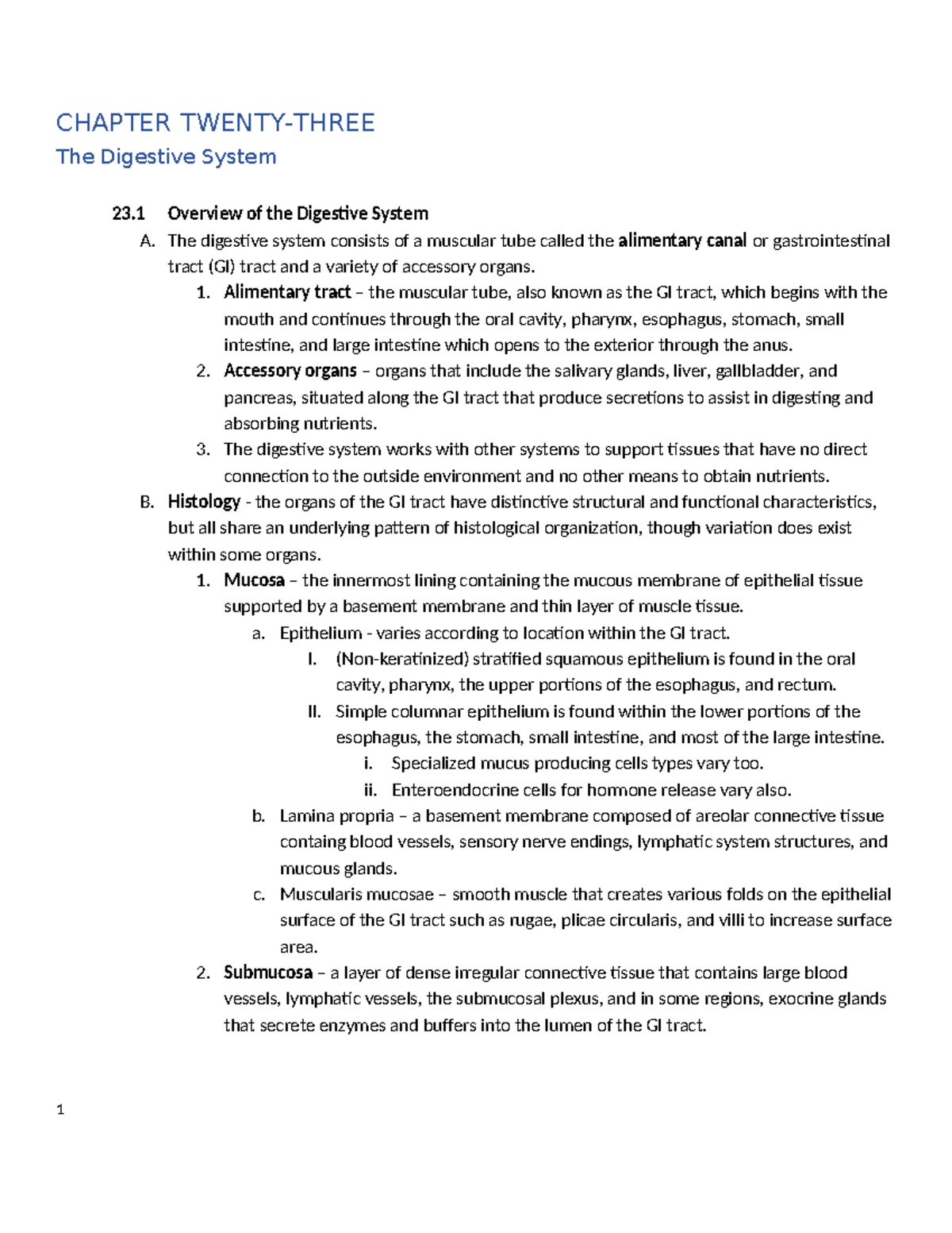 Chpt23 Digestive - study guide - CHAPTER TWENTY-THREE The Digestive System 23 Overview of the ...