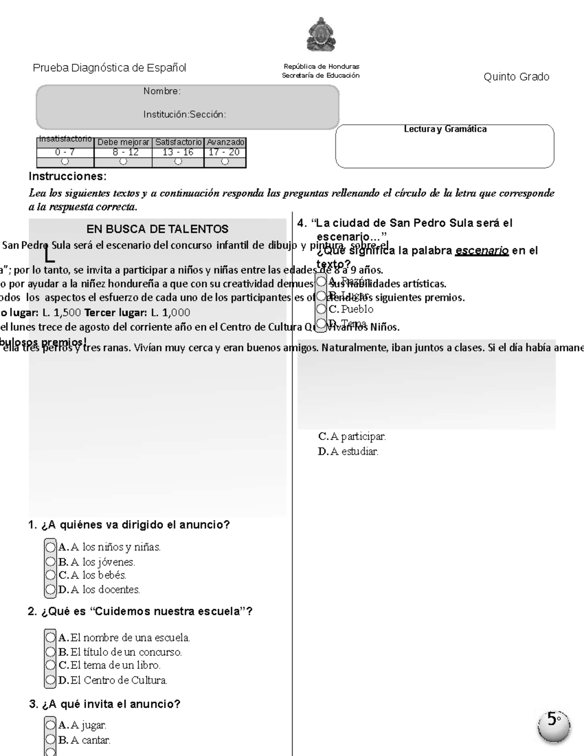 5° Prueba Diagnostica - Español - Nombre: Institución:Sección: Lectura ...