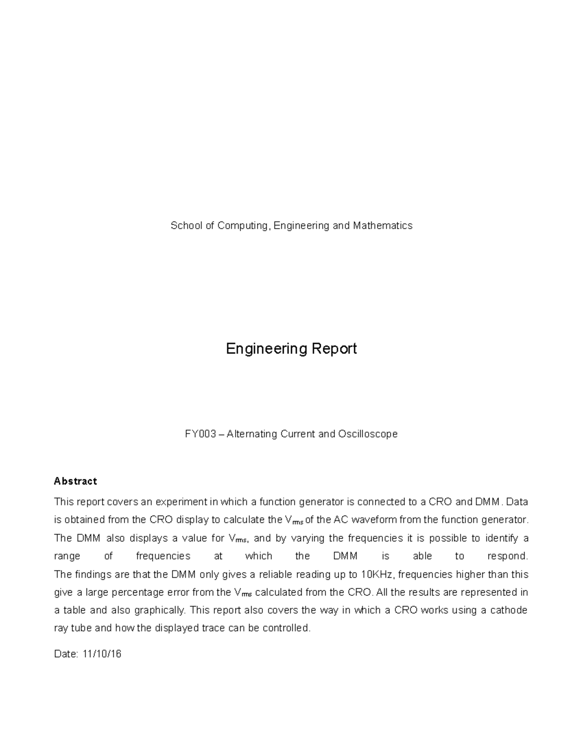AC Current Lab Report - School of Computing, Engineering and ...