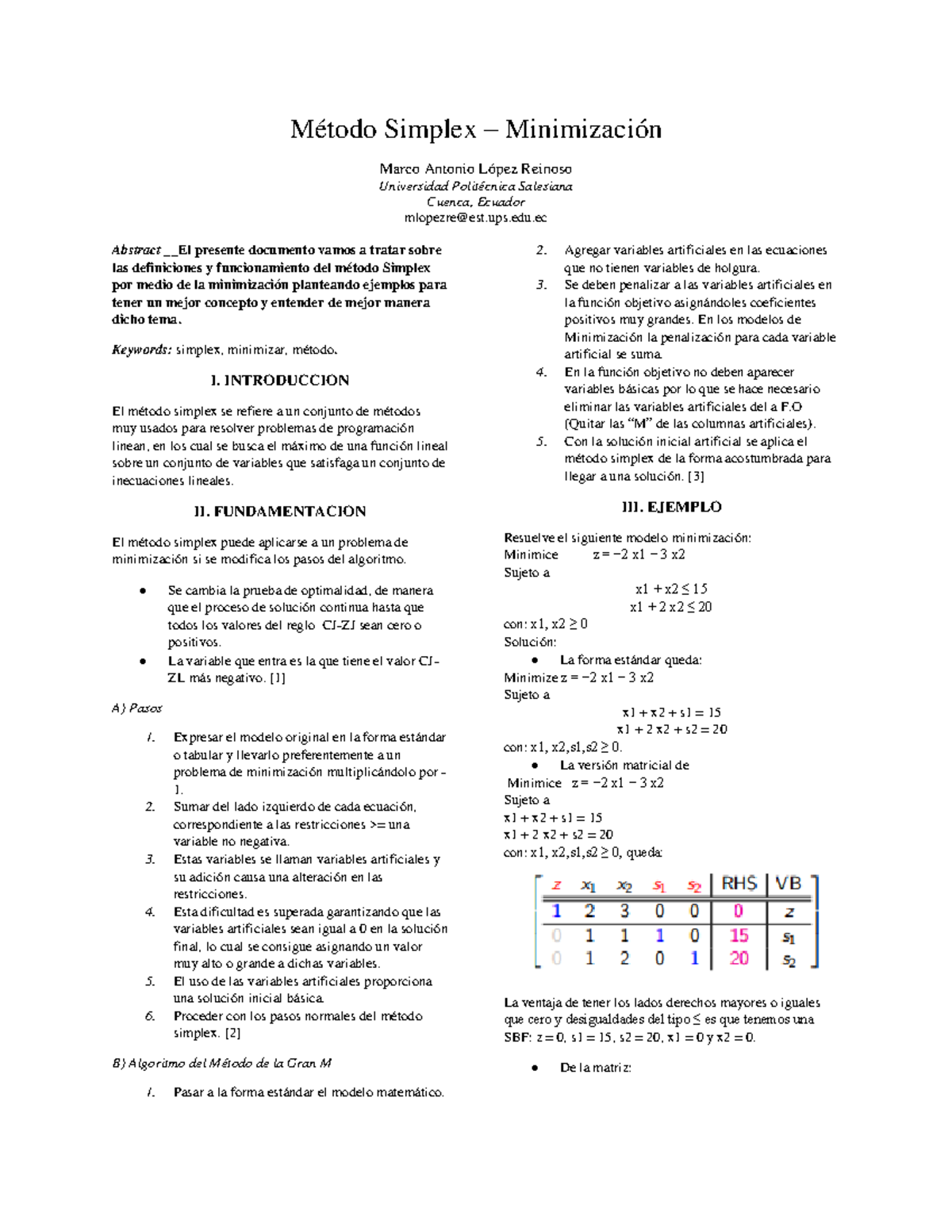 Método Simplex-Minimizacion-Marco Lopez - Método Simplex – Minimización Marco Antonio López ...