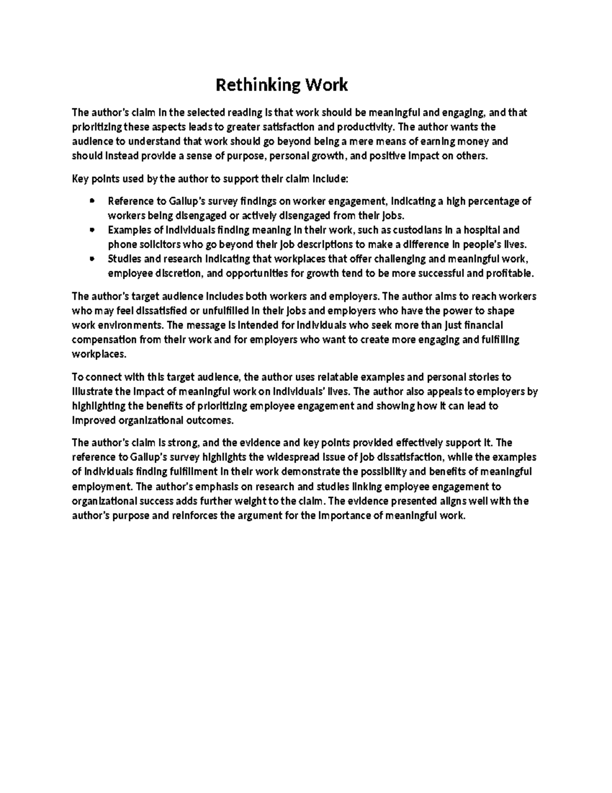 Rethinking work 2 - notes - Rethinking Work The author's claim in the ...