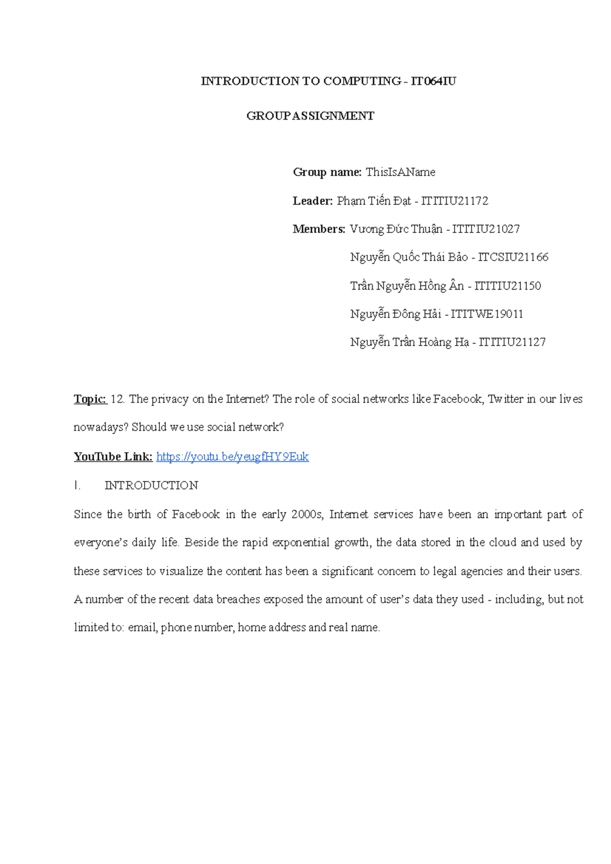 Report - Topic: privacy on the internet - INTRODUCTION TO COMPUTING - IT064IU GROUP ASSIGNMENT ...