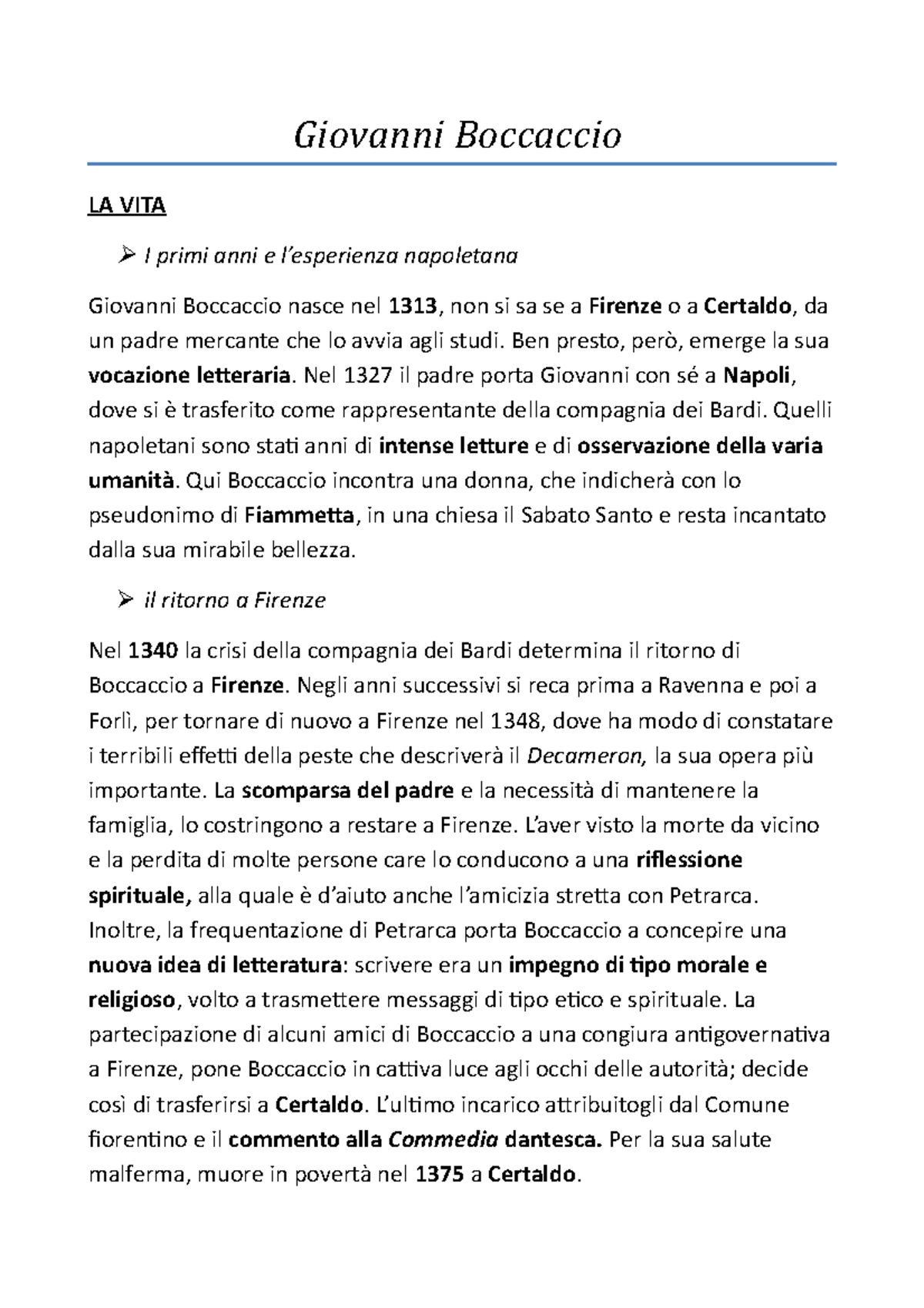 Giovanni Boccaccio - riassunto generale - Giovanni Boccaccio LA VITA I ...
