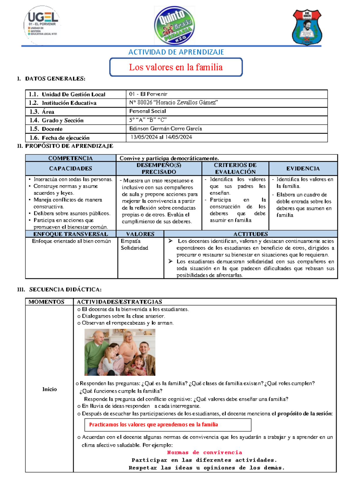 Sesión Valores LA Familia - ACTIVIDAD DE APRENDIZAJE I. DATOS GENERALES ...