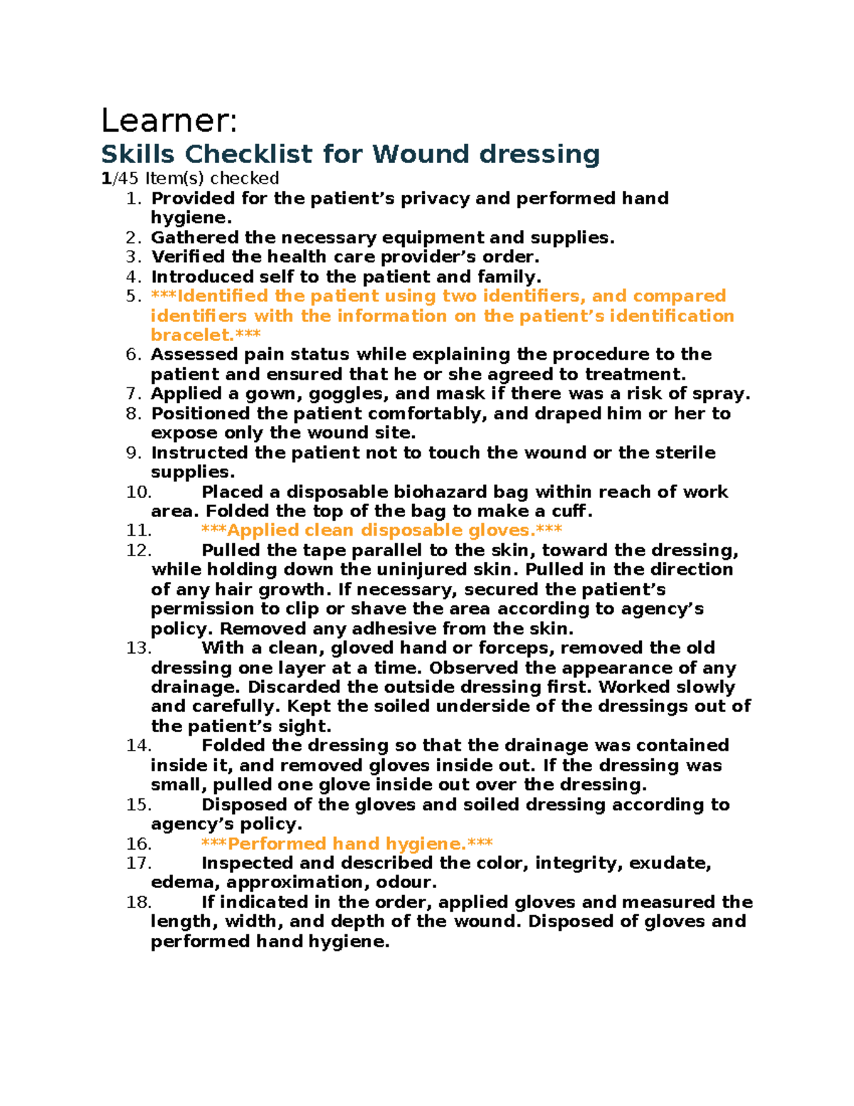 Wound dressing check list - Learner: Skills Checklist for Wound ...