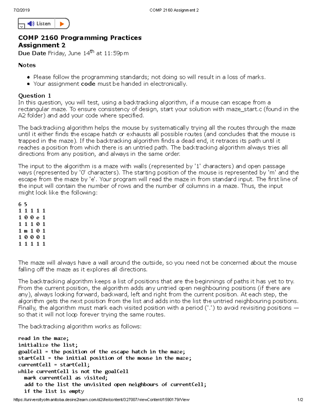 Assignment 2-summer 2019 - COMP 2160 Assignment 2 Listen COMP 2160 Programming Practices ...