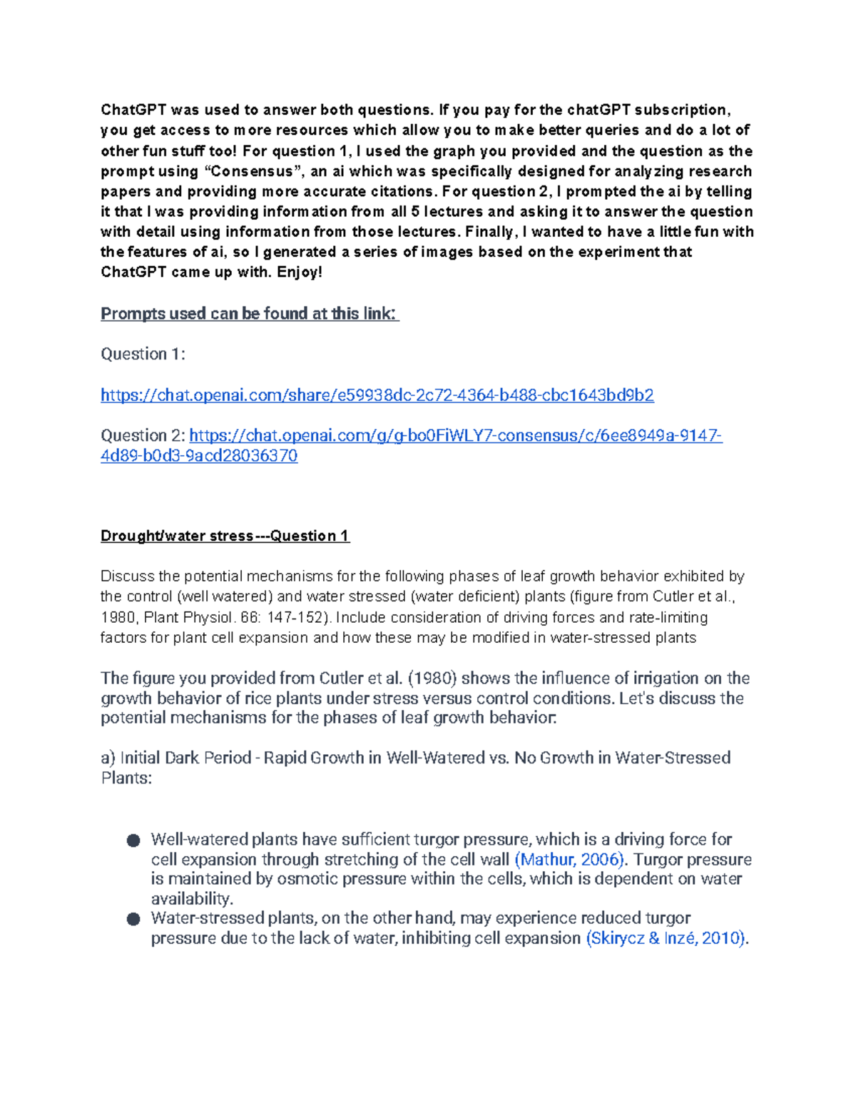Drought water stress Exam - ChatGPT was used to answer both questions ...