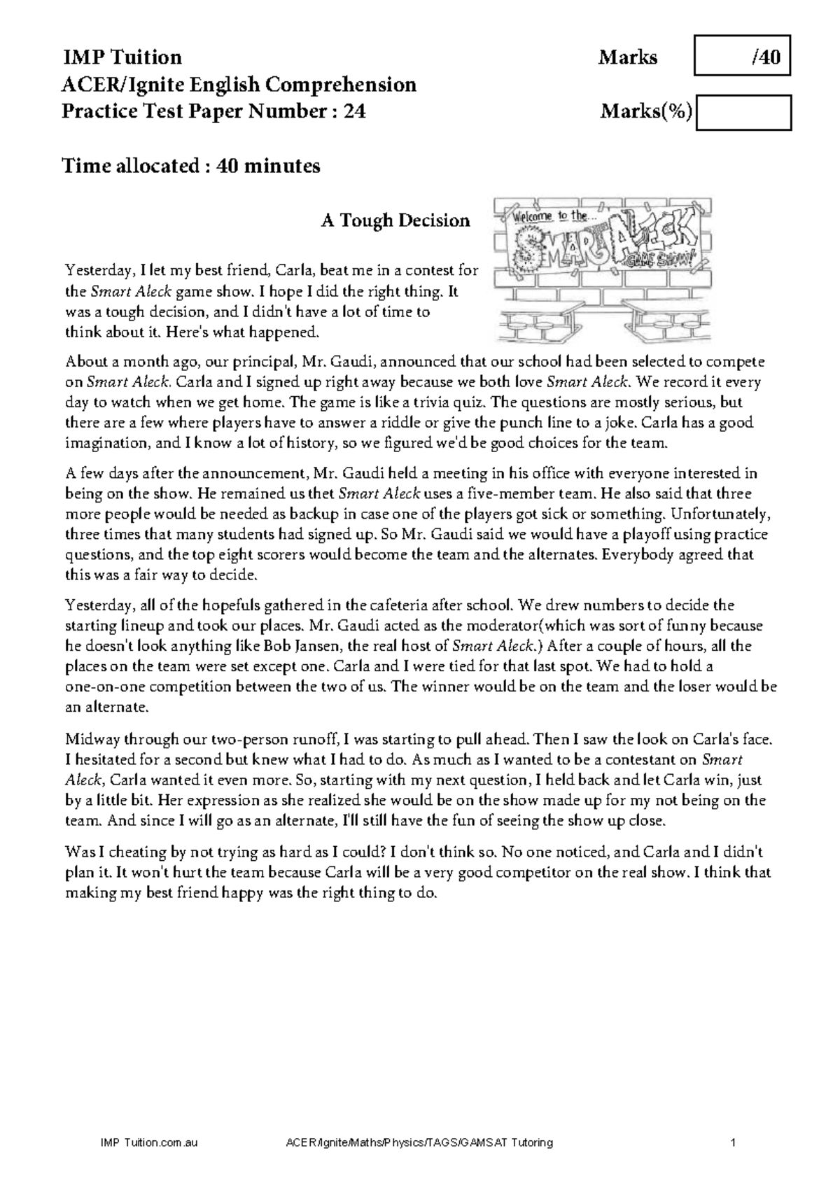 English Comprehension Practice Test - IMP Tuition Marks / ACER/Ignite ...