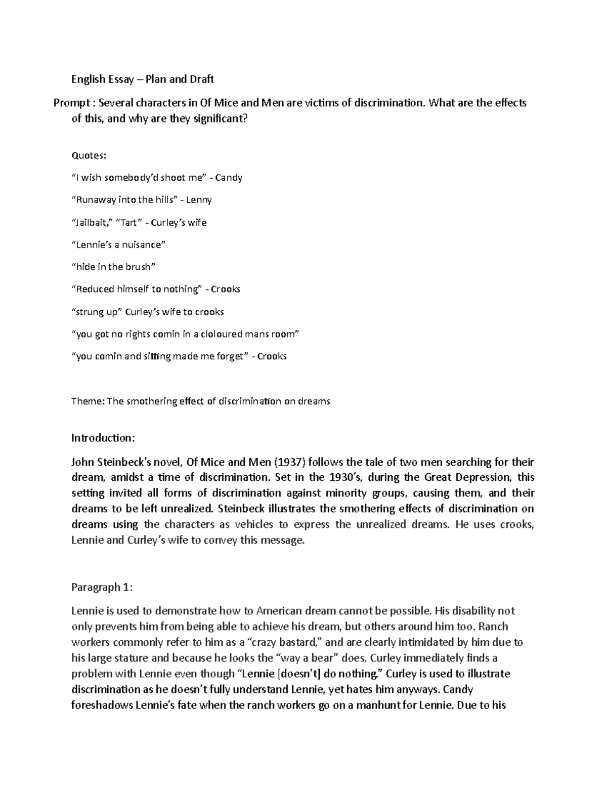 English Draft and Plan - Essay of mice and men - English Essay – Plan ...