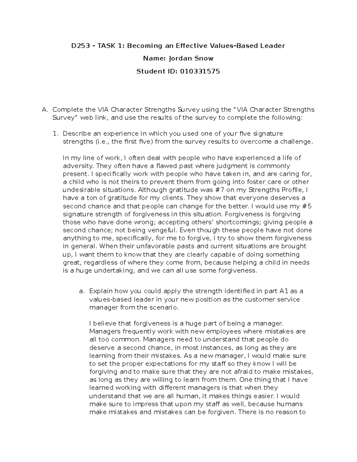 D253 Task 1 - D253 Task 1 - D253 - TASK 1: Becoming an Effective Values ...