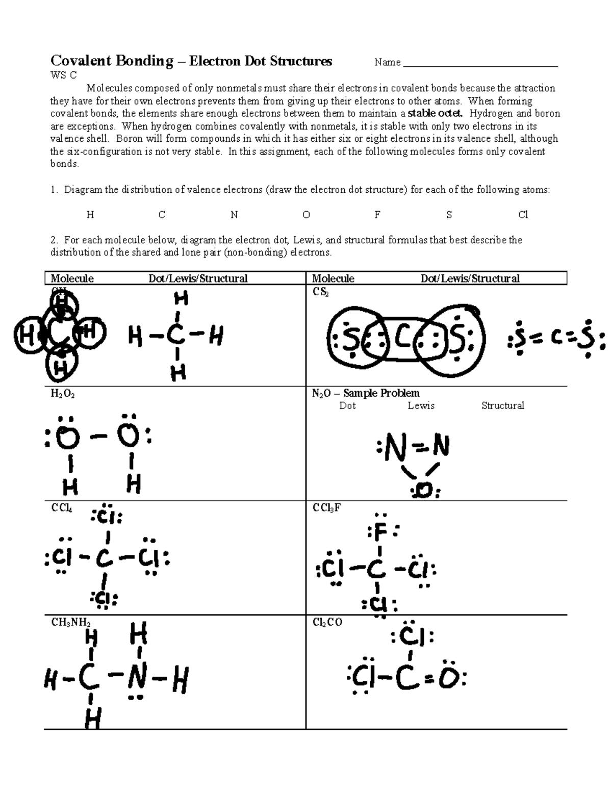 Covalent Bonding Dot Structures - Covalent Bonding – Electron Dot Structures Name - Studocu
