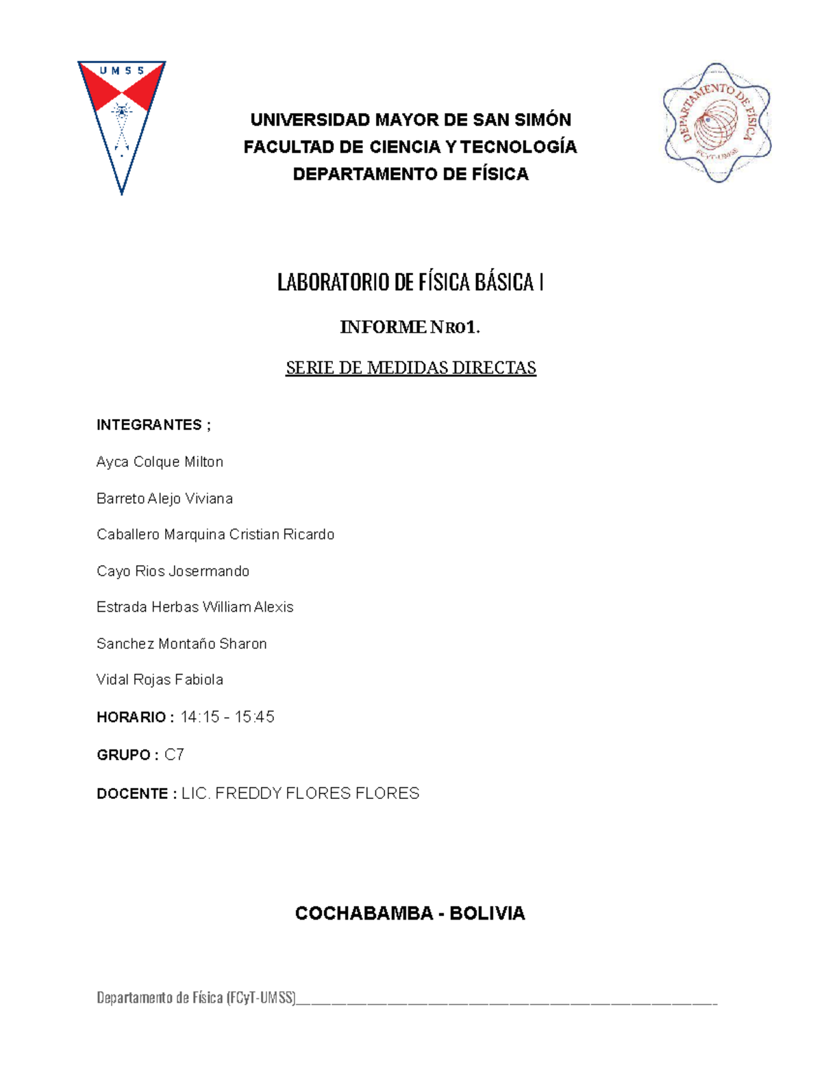 Informe, Practica 1- Fisica General I -2022 - UMSS - Studocu