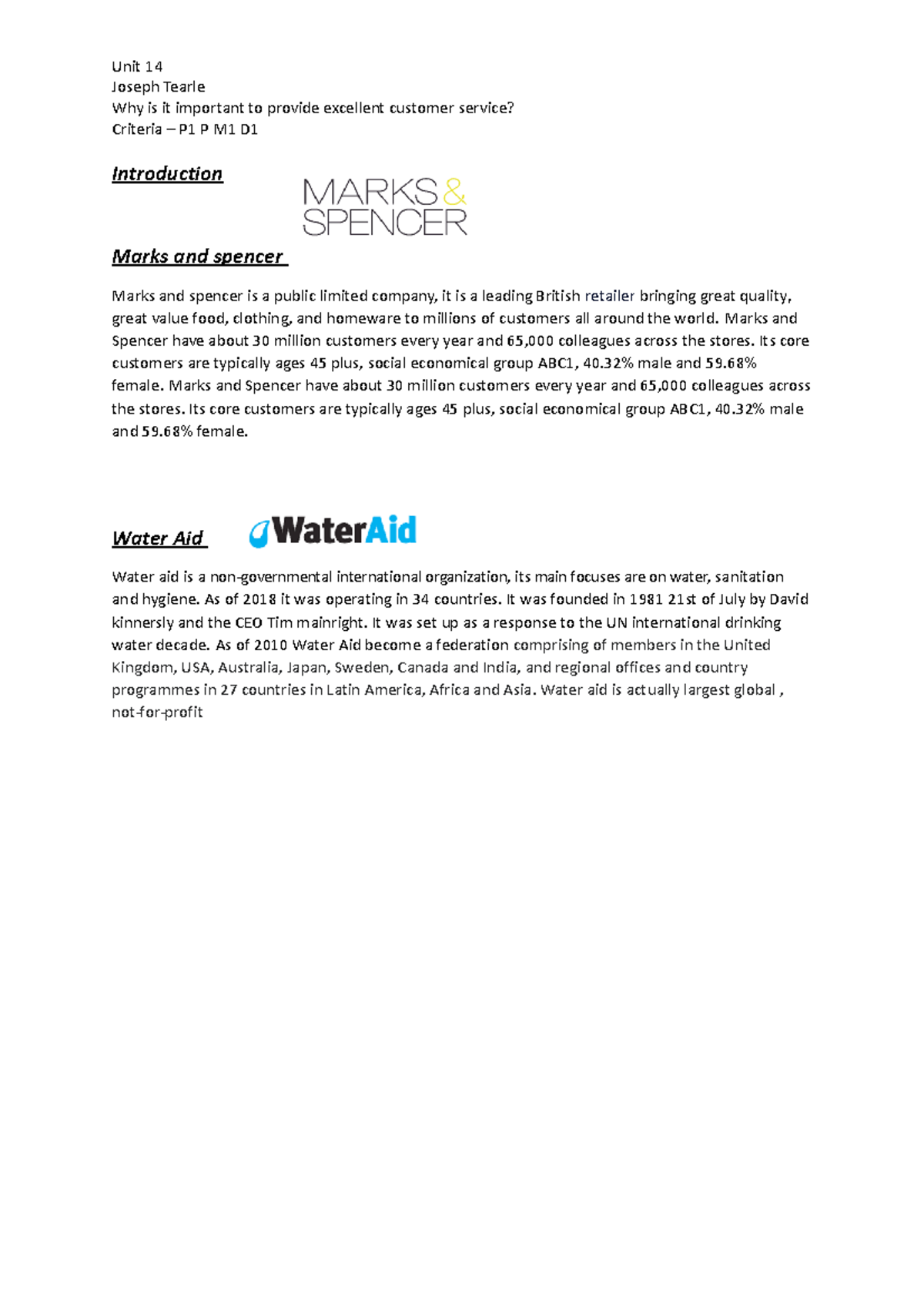 Business work cs - uni 14 customer service - Unit 14 Joseph Tearle Why ...