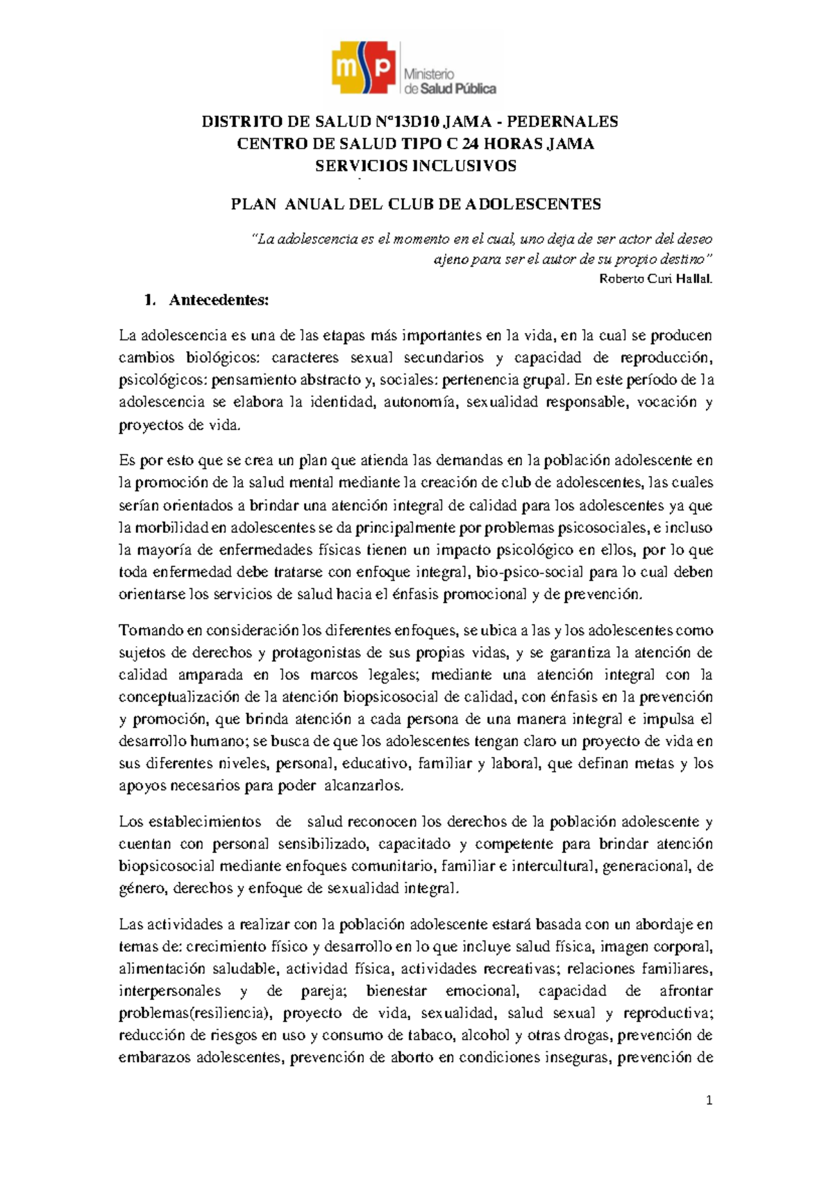 Modelo DE PLAN Anual - formato de guia - DISTRITO DE SALUD Nº13D10 JAMA ...