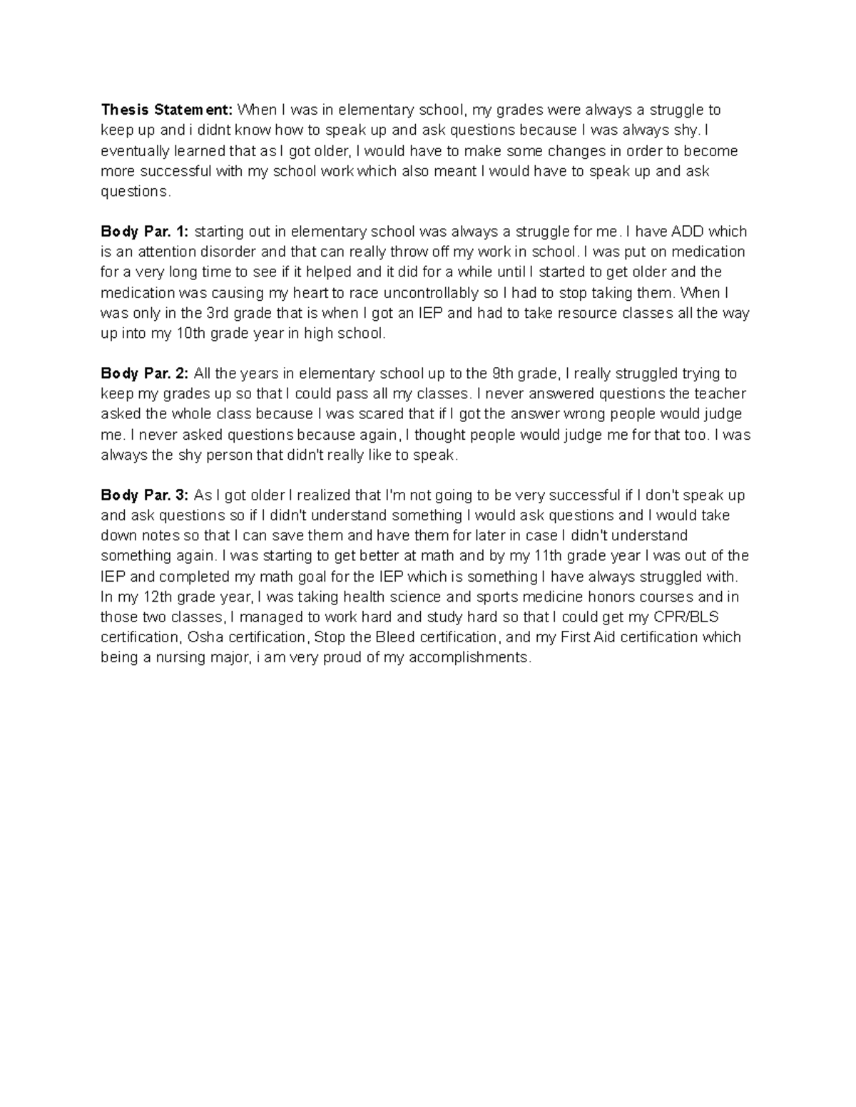 Outline For Literacy Narritive Thesis Statement When I Was In 0394