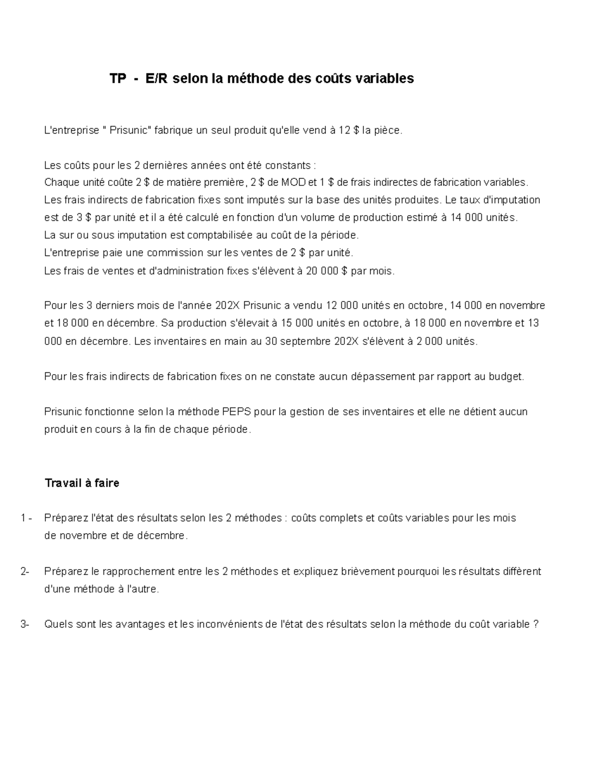TP 6 - tp de sco2001 a faire - TP - E/R selon la méthode des coûts ...