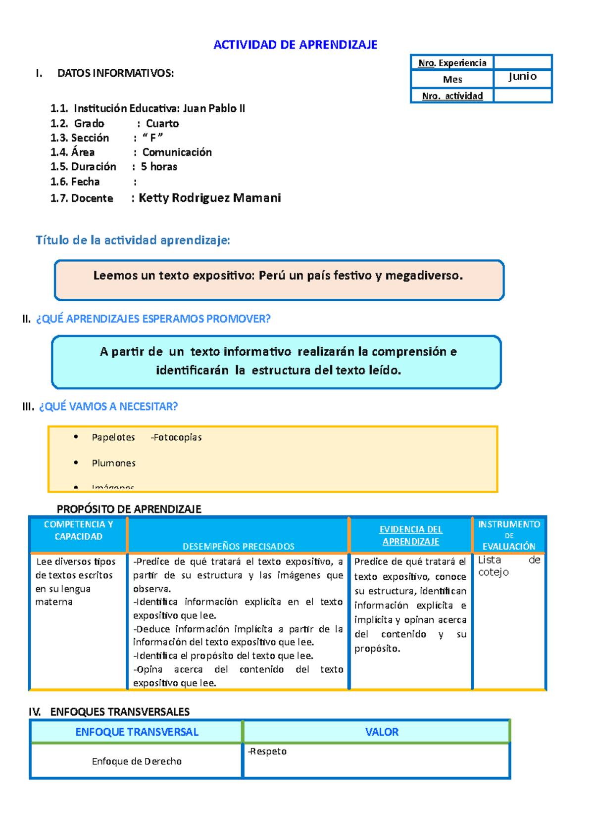 Leemos un texto expositivo - ACTIVIDAD DE APRENDIZAJE I. DATOS INFORMATIVOS: 1. Institución ...