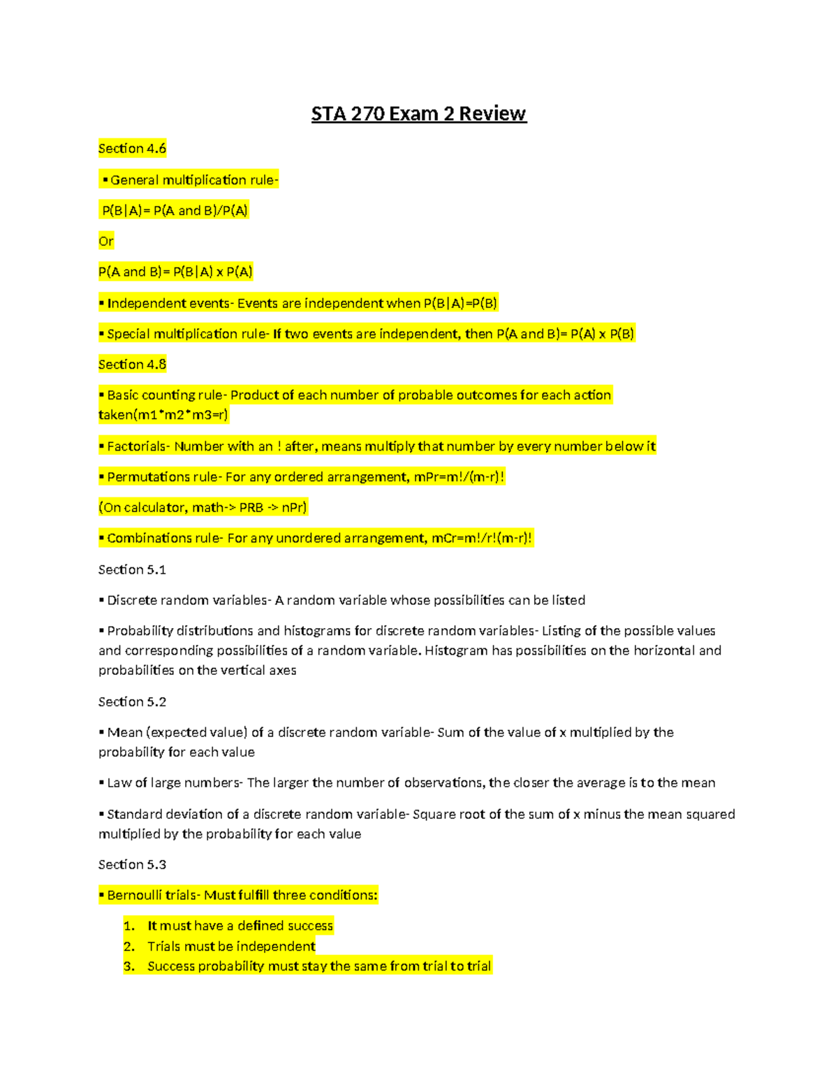 STA 270 Exam 2 Review - STA 270 Exam 2 Review Section 4. General ...