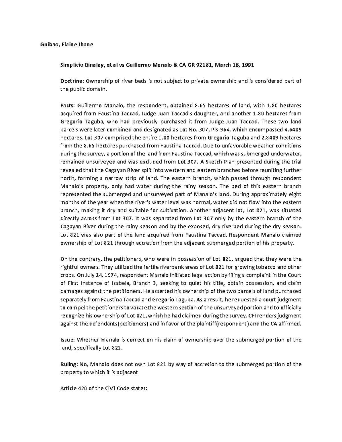 Simplicio Binalay, et al vs Guillermo Manalo & CA GR 92161, March 18 ...