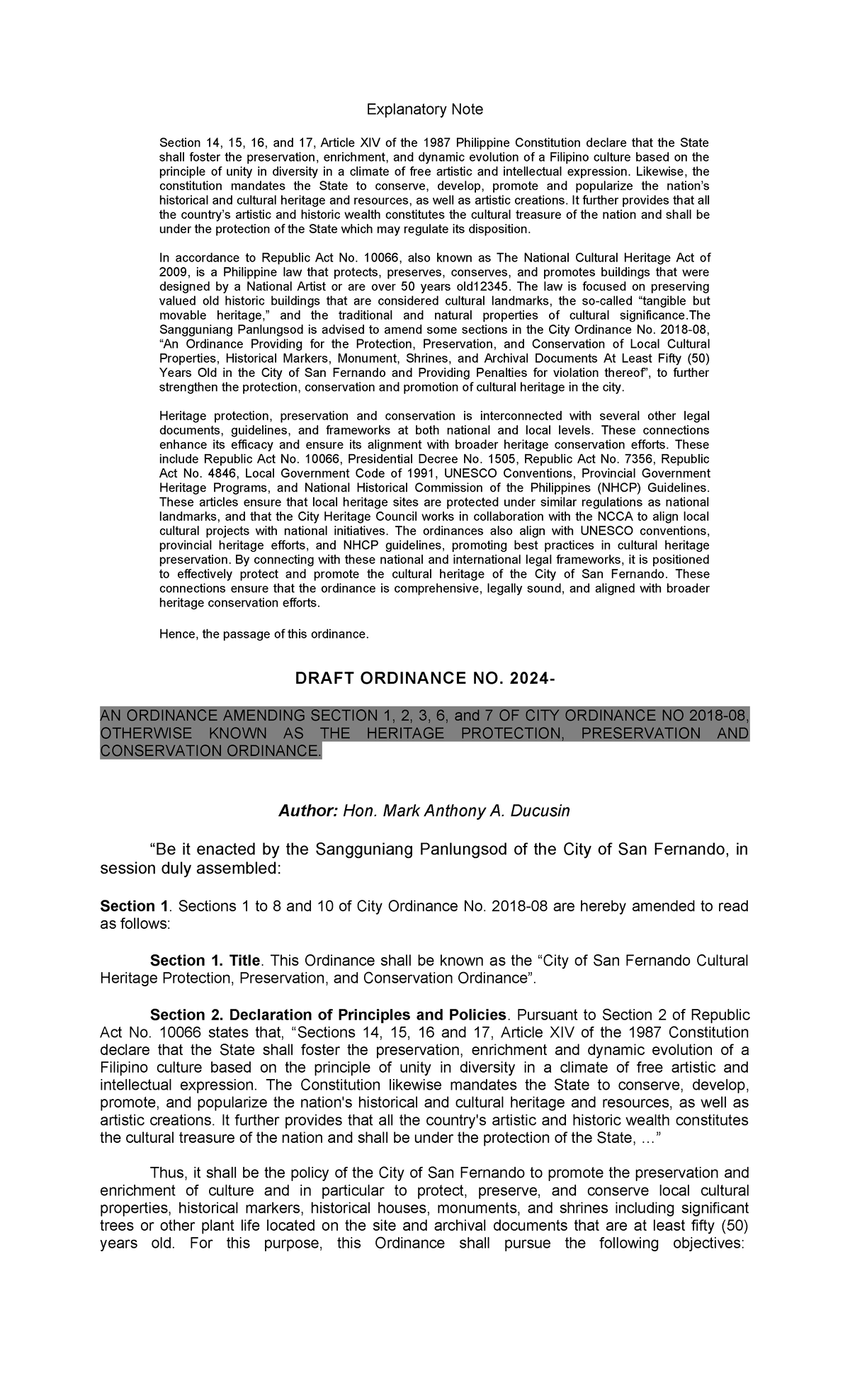 Amendment ORD. 2018-08 - Explanatory Note Section 14, 15, 16, and 17 ...
