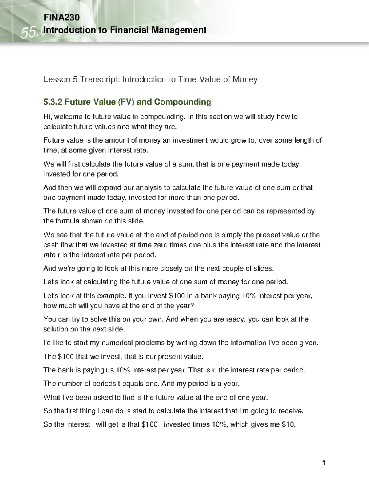 FINA230 Lesson 05 03 02 transcript - Introduction to Financial ...